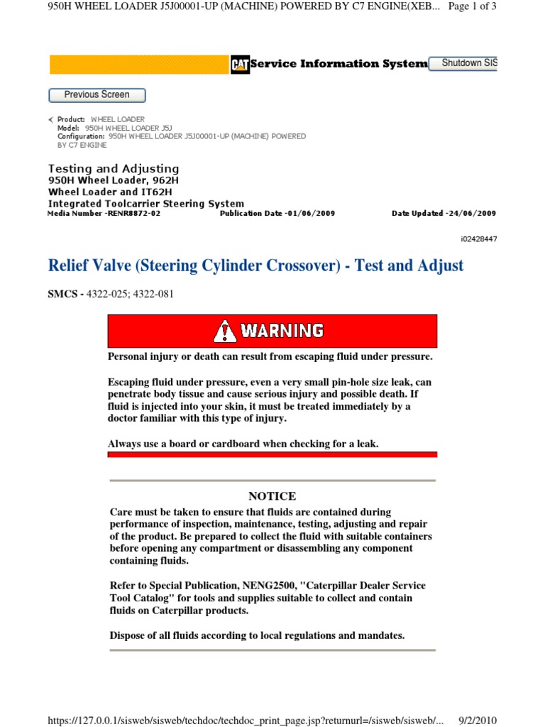 Relief Valve Stering Cyl Crossover Test Adjust | PDF | Leak | Valve