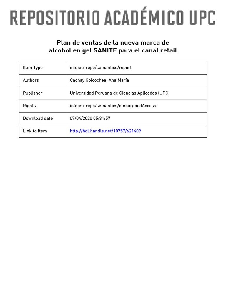 Proyecto de Plan de Ventas de Alcohol en Gel Sánite - Ana Maria Cachay ...