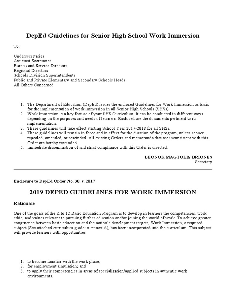DepEd Guidelines For Senior High School Work Immersion | PDF ...