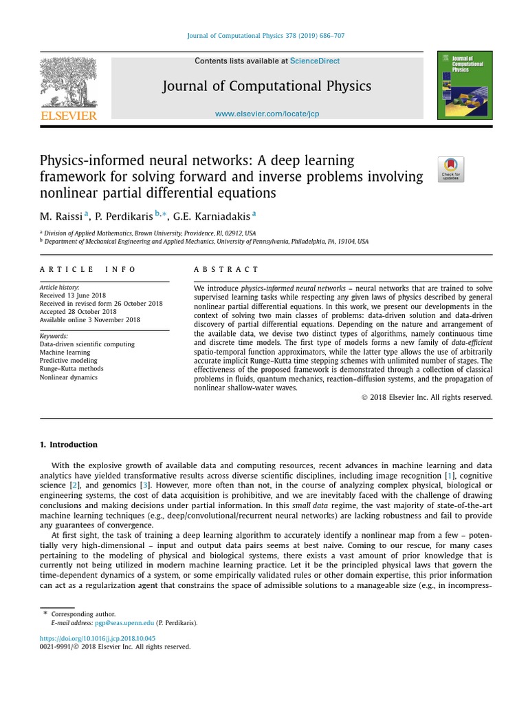 Journal of Computational Physics: M. Raissi, P. Perdikaris, G.E. Karniadakis | PDF | Machine ...