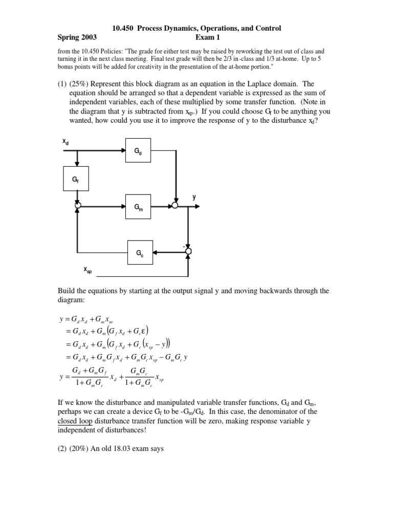 10.450 Process Dynamics, Operations, and Control Spring 2003 Exam 1 | PDF | Control Theory ...