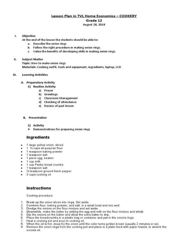 Lesson Plan in TVL Home Economics - COOKERY Grade 12: I. Objective ...