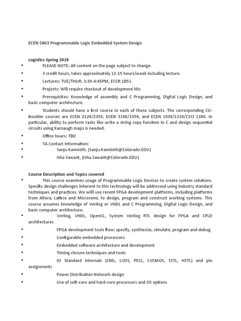 ECEN 5863 Programmable Logic Embedded System Design | PDF | Logic Synthesis | Field Programmable ...