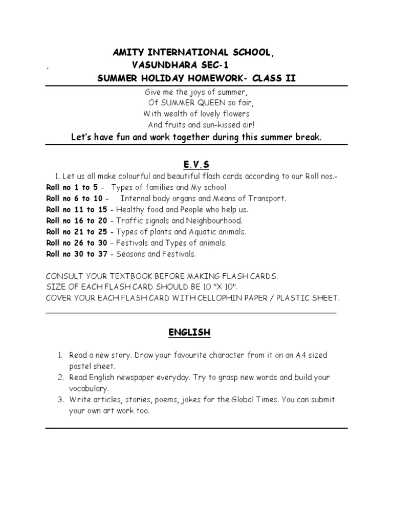 Amity International School, - Vasundhara Sec-1 Summer Holiday Homework ...