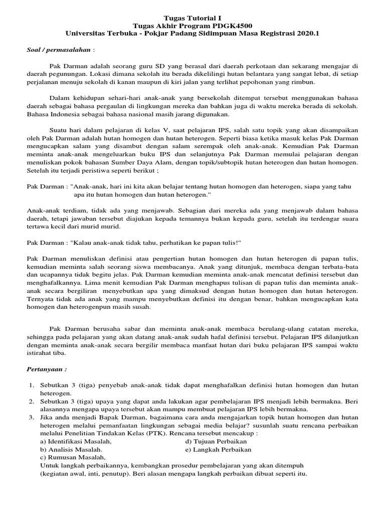 Tugas Tutorial 1 Tap (PDGK4500) 2020.1 Oke | PDF | Seni & Disiplin Bahasa | Kajian Bahasa Asing