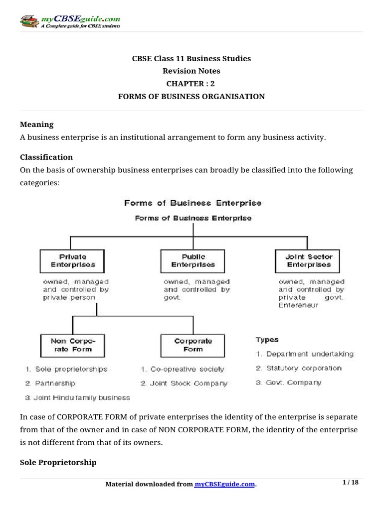 Class 11 Business: Forms of Organisation | PDF | Partnership | Sole ...