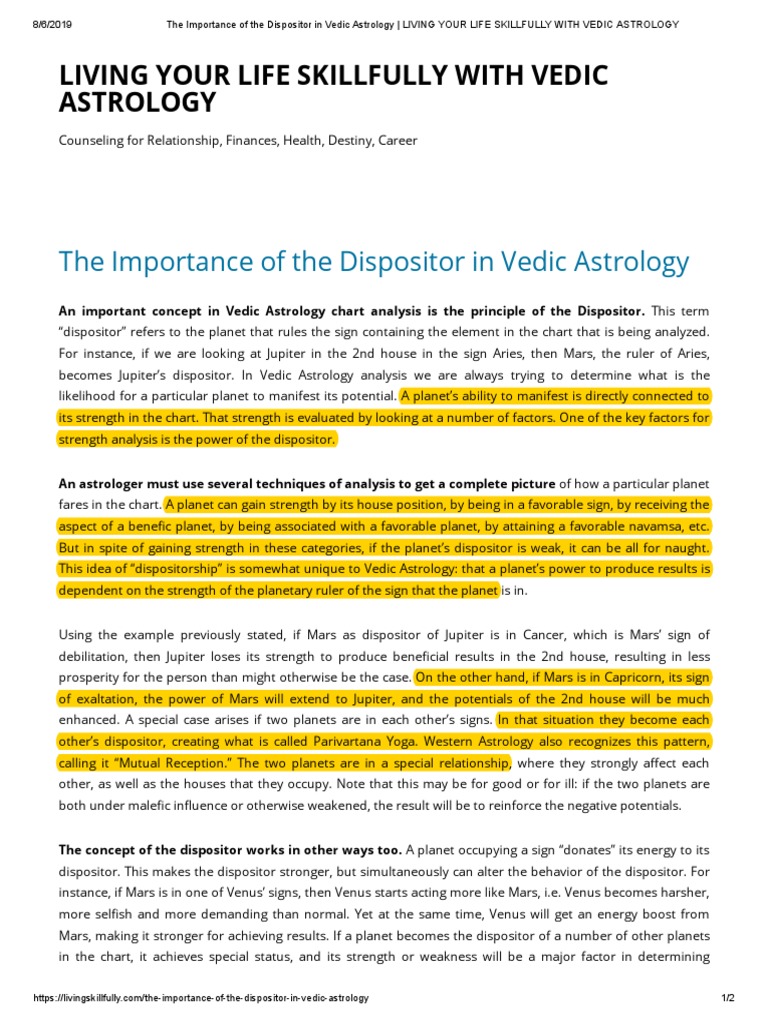 Understanding Dispositors in Vedic Astrology | PDF | Planets In ...