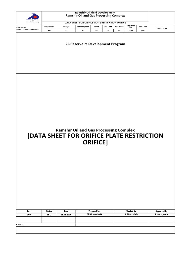 RR-02-PT-100-IN-DT-0063 Data Sheet For Orifice Plate Restriction ...