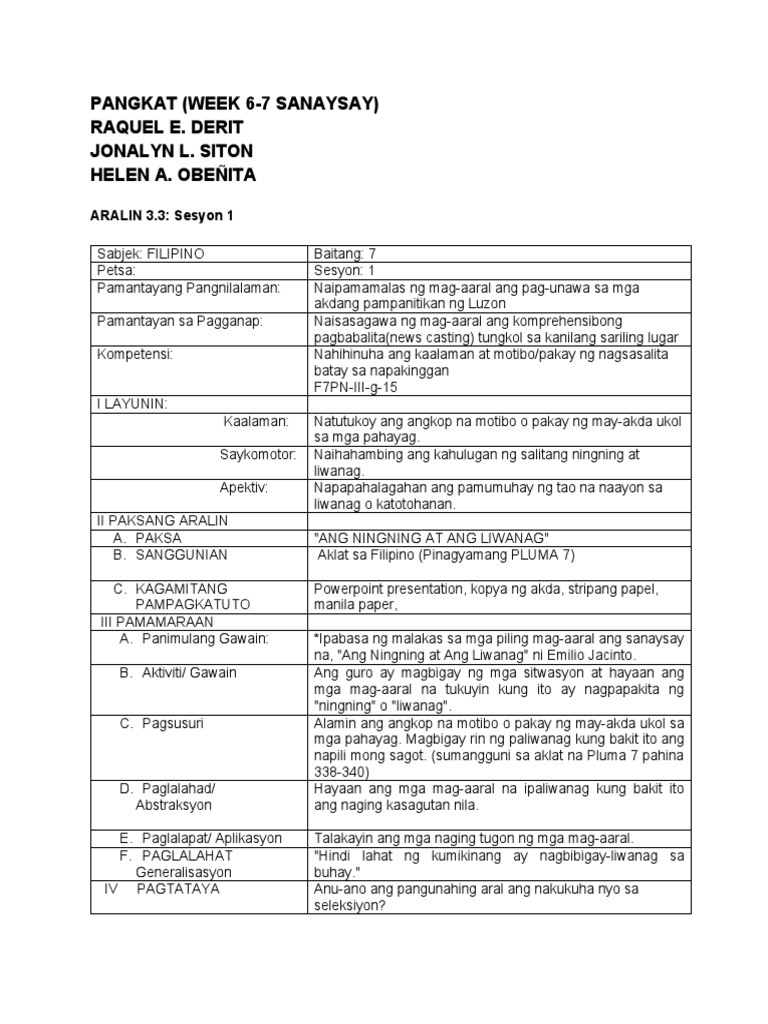 ARALIN 3 (SANAYSAY) Banghay Aralin Sa Filipino 7 Edited | PDF