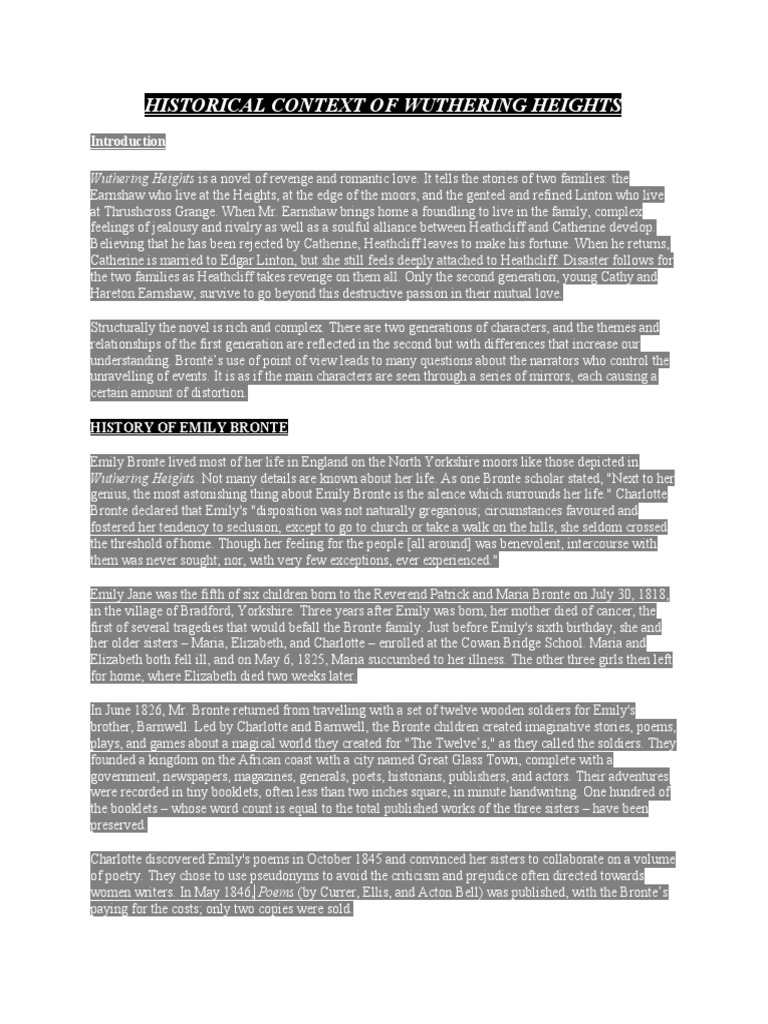 Historical Context of Wuthering Heights | PDF | Charlotte Brontë ...