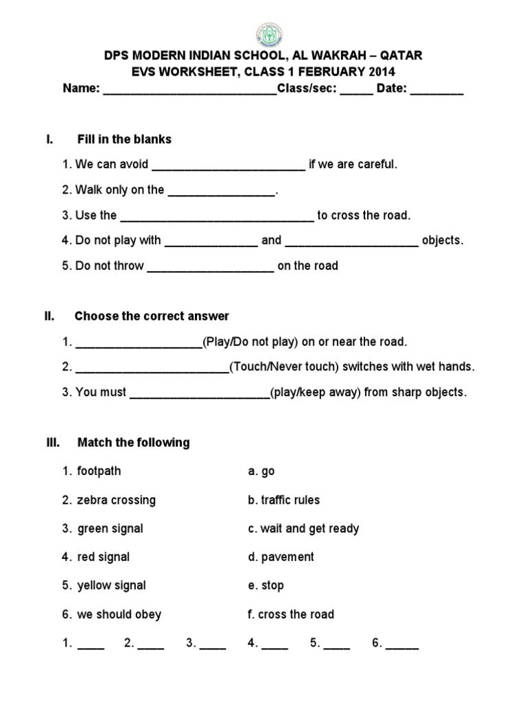 Dps Modern Indian School, Al Wakrah - Qatar Evs Worksheet, Class 1 ...
