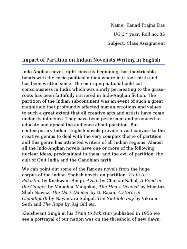 Impact of Partition on Indian Novels | PDF | Partition Of India