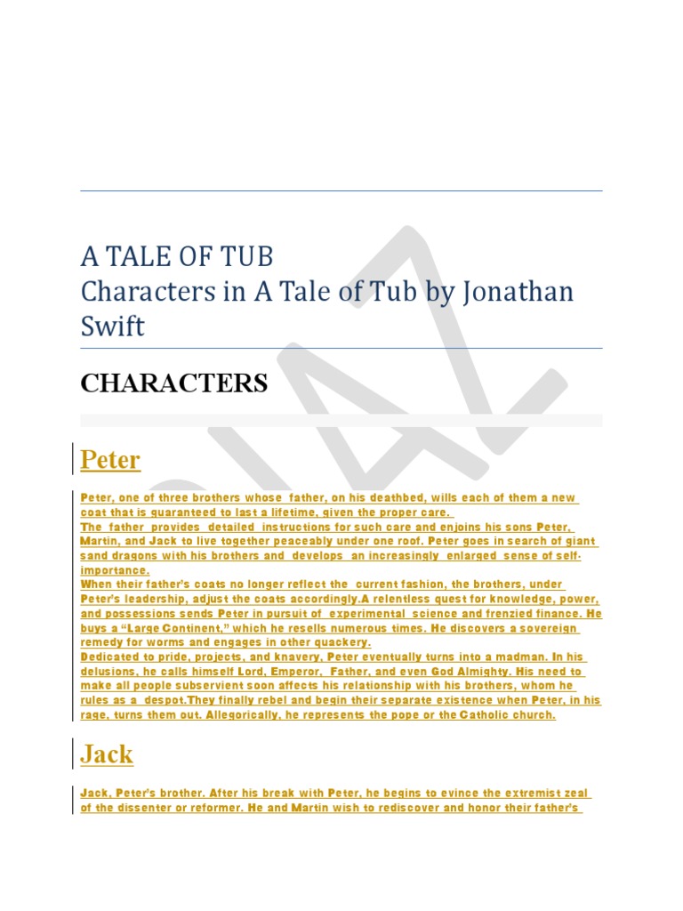 A Tale of Tub Characters in A Tale of Tub by Jonathan Swift | PDF ...