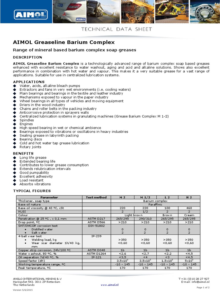 AIMOL Greaseline Barium Complex: Mineral Grease Range | PDF | Bearing ...