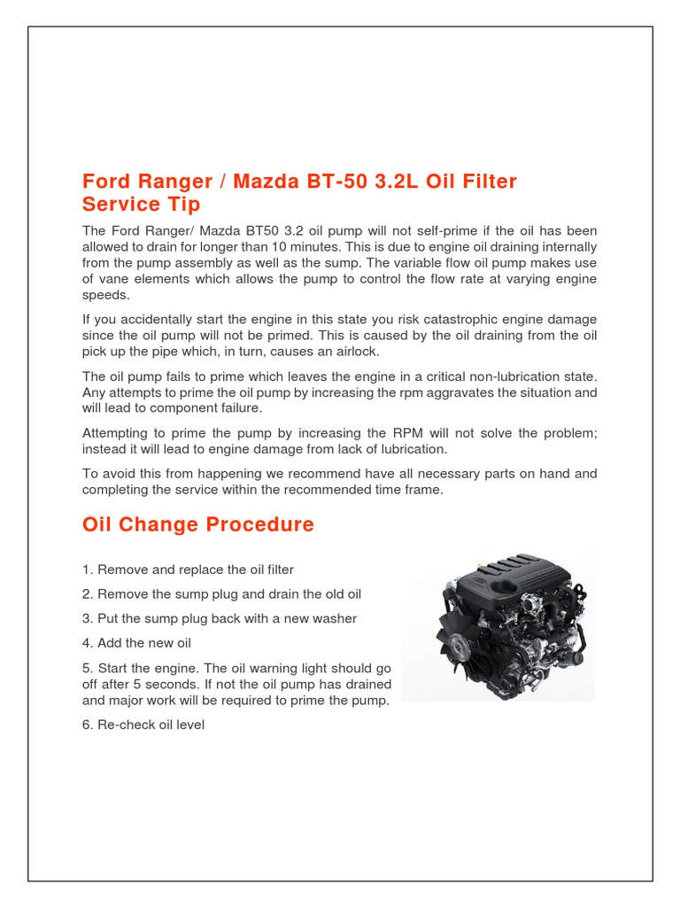 Ford Ranger Oil Change Procedure | PDF