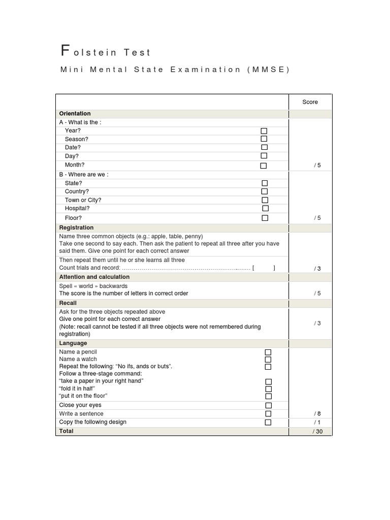 Olstein Test: Mini Mental State Examination (MMSE) | PDF