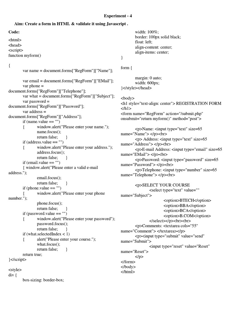 Experiment - 4 Aim: Create A Form in HTML & Validate It Using Javascript - Code | PDF | Web ...