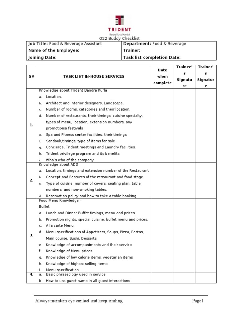 ADD Buddy Checklist | PDF | Menu | Buffet