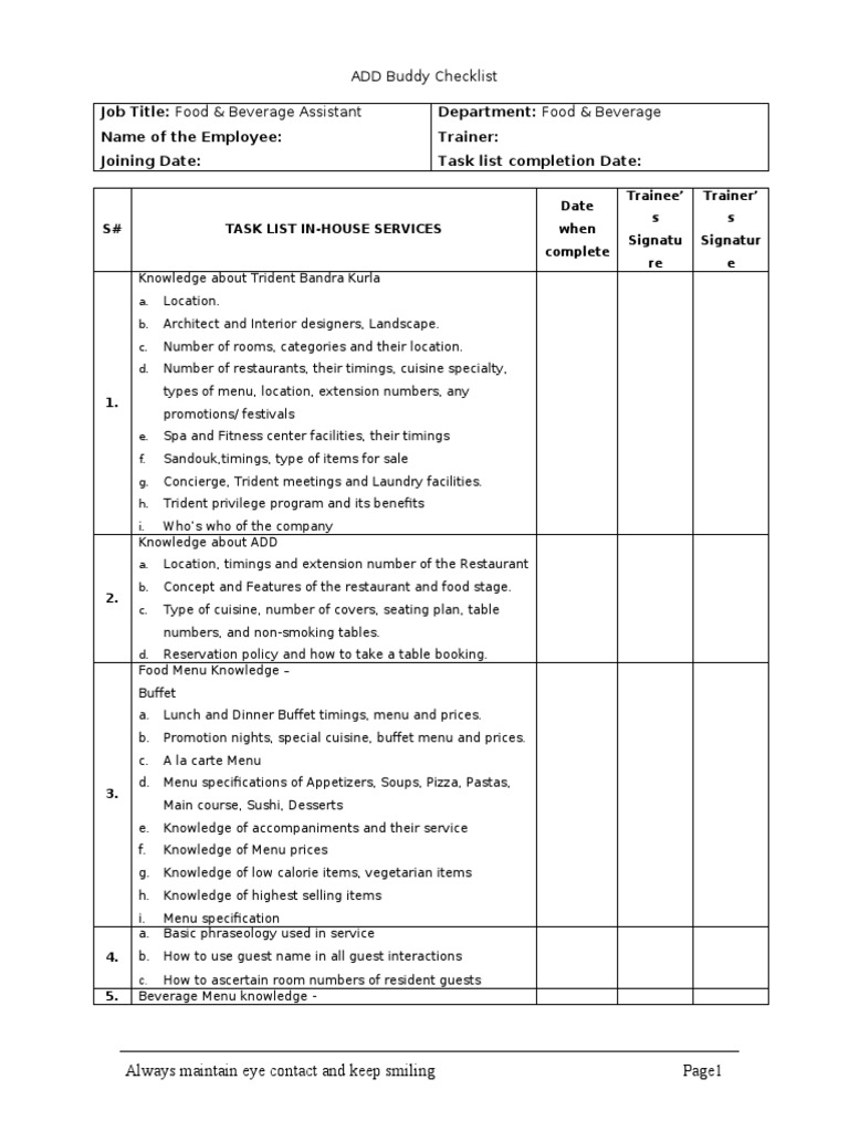 ADD Buddy Checklist | PDF | Menu | Buffet