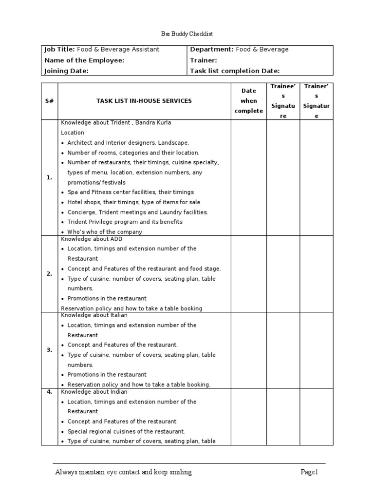 Job Title: Food & Beverage Assistant Name of The Employee: Joining Date ...