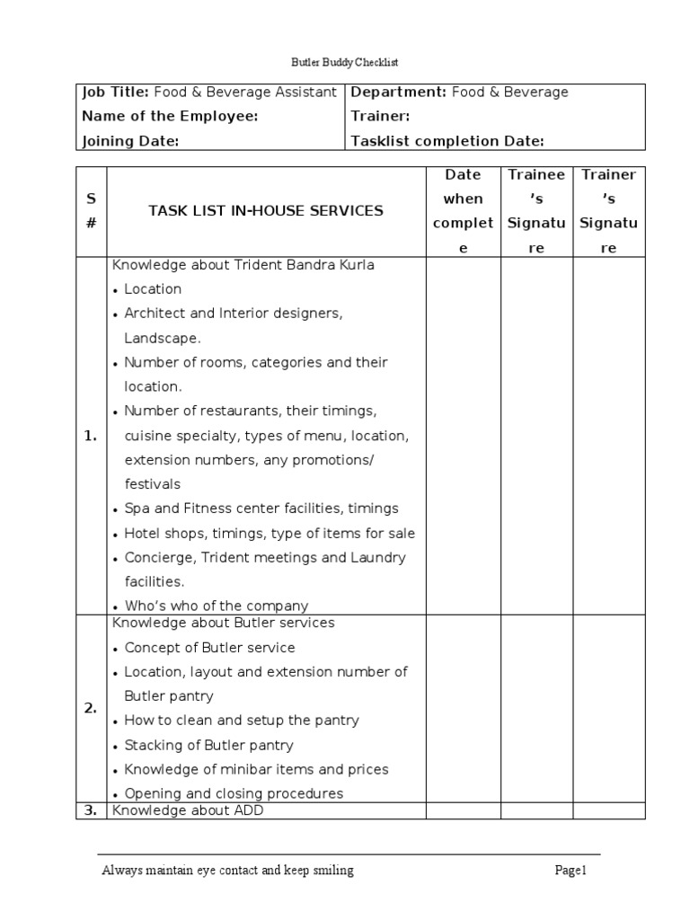 Butler Buddy Checklist | Menu | Hors D'oeuvre