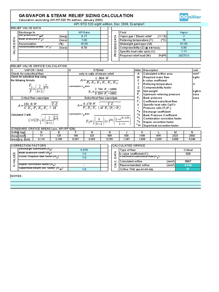 Ognition PSV Sizing Calculation Spreadsheet | PDF | Statistical ...