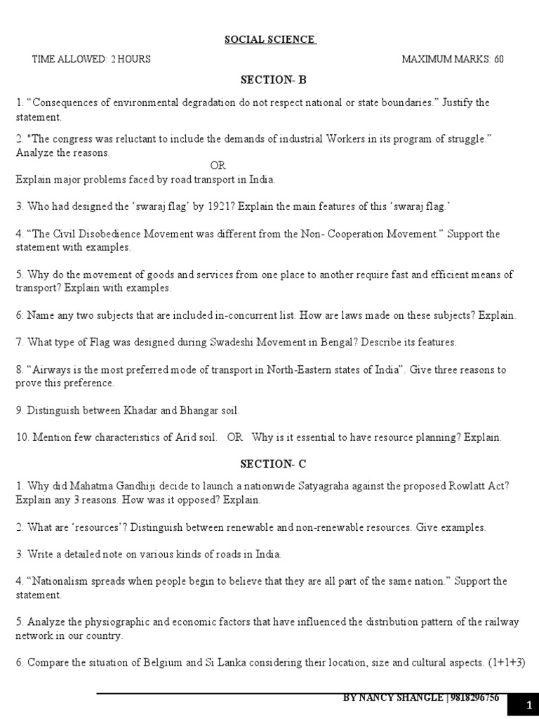 SST Sample Paper Class 10 | PDF