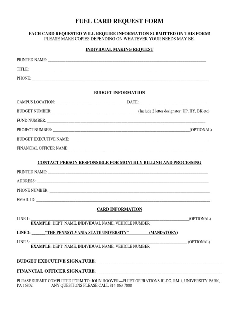 Fuel Card Request Form Instructions | PDF | Government | Business