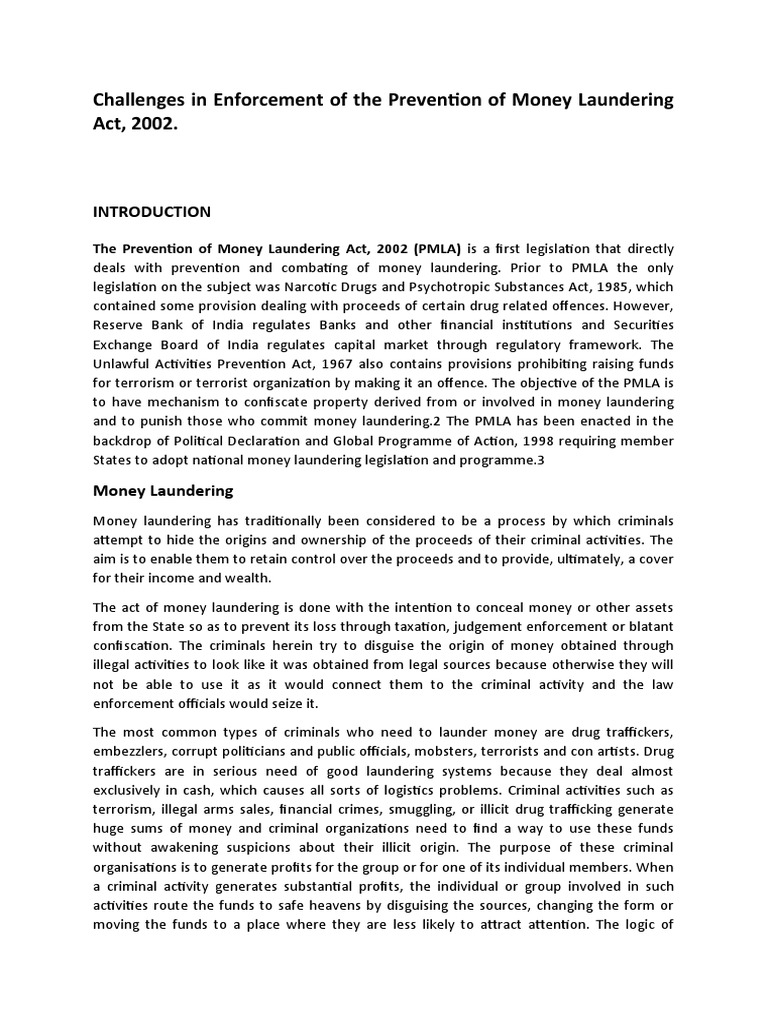 Challenges in Enforcement of The Prevention of Money Laundering Act ...