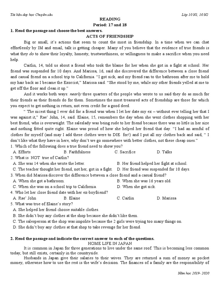 Reading Period: 17 and 18 1. Read The Passage and Choose The Best ...