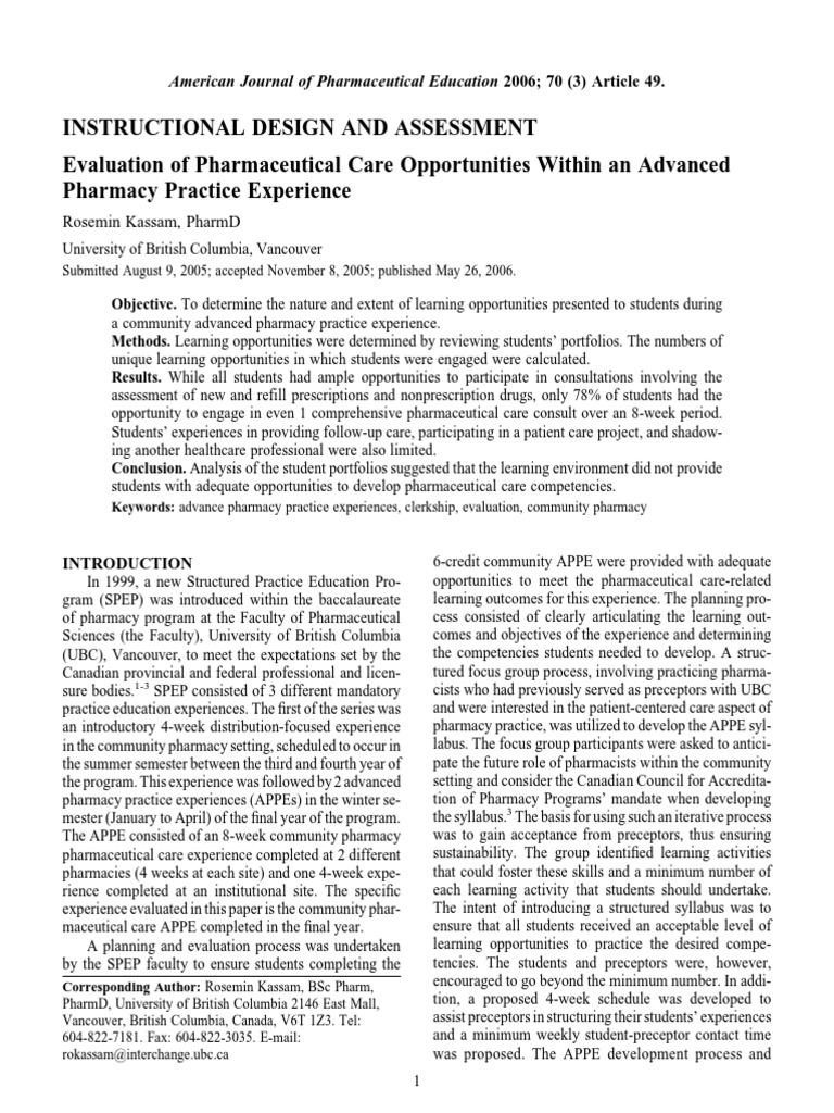Instructional Design and Assessment Evaluation of Pharmaceutical Care ...