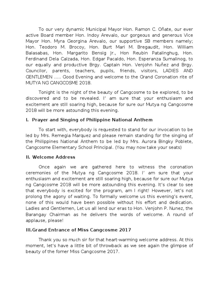 Program for the Coronation Rite of Mutya ng Cangcosme 2018 | PDF