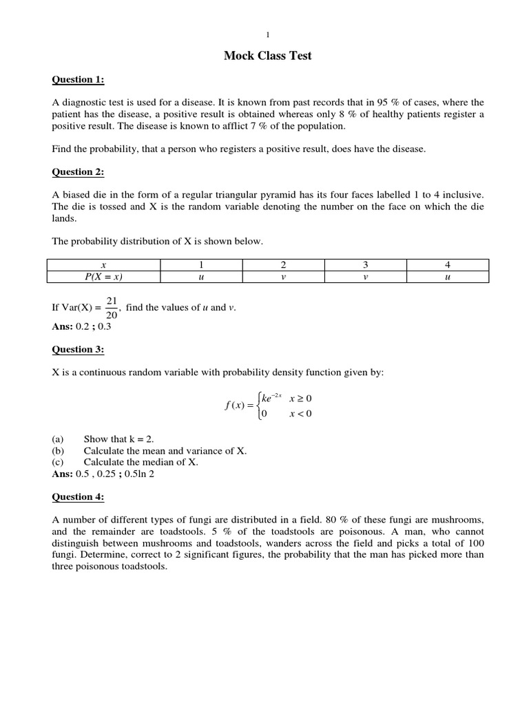 Mock Class Test: X P (X X) U V V U | PDF | Mean | Variance