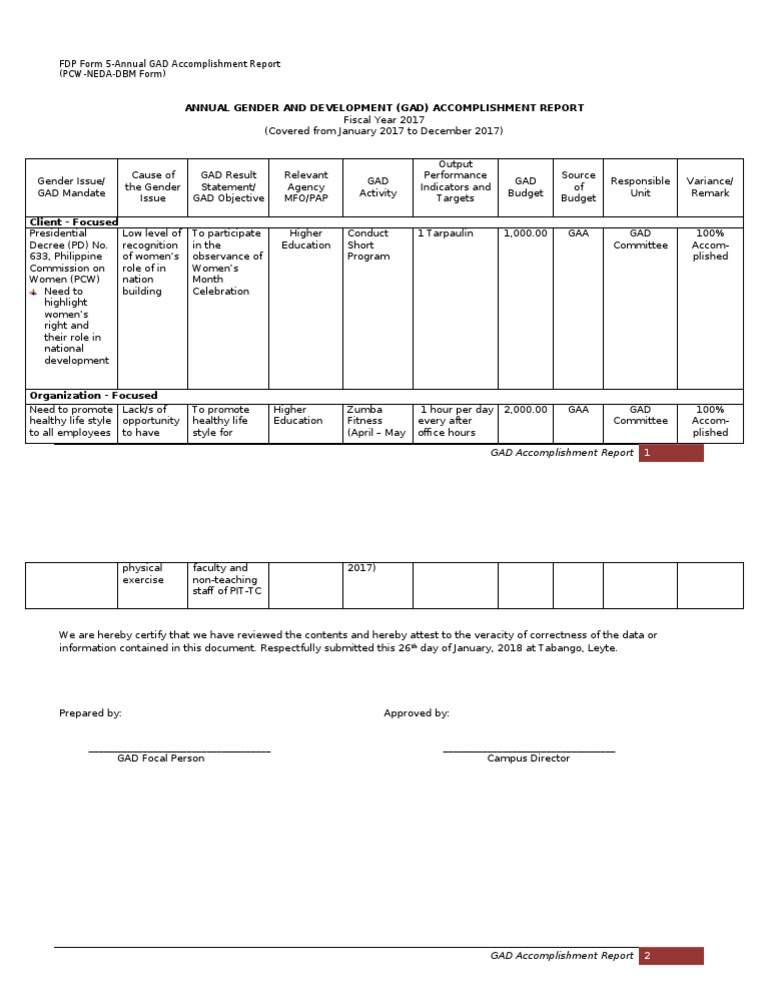 Annual Gender and Development (Gad) Accomplishment Report | PDF ...
