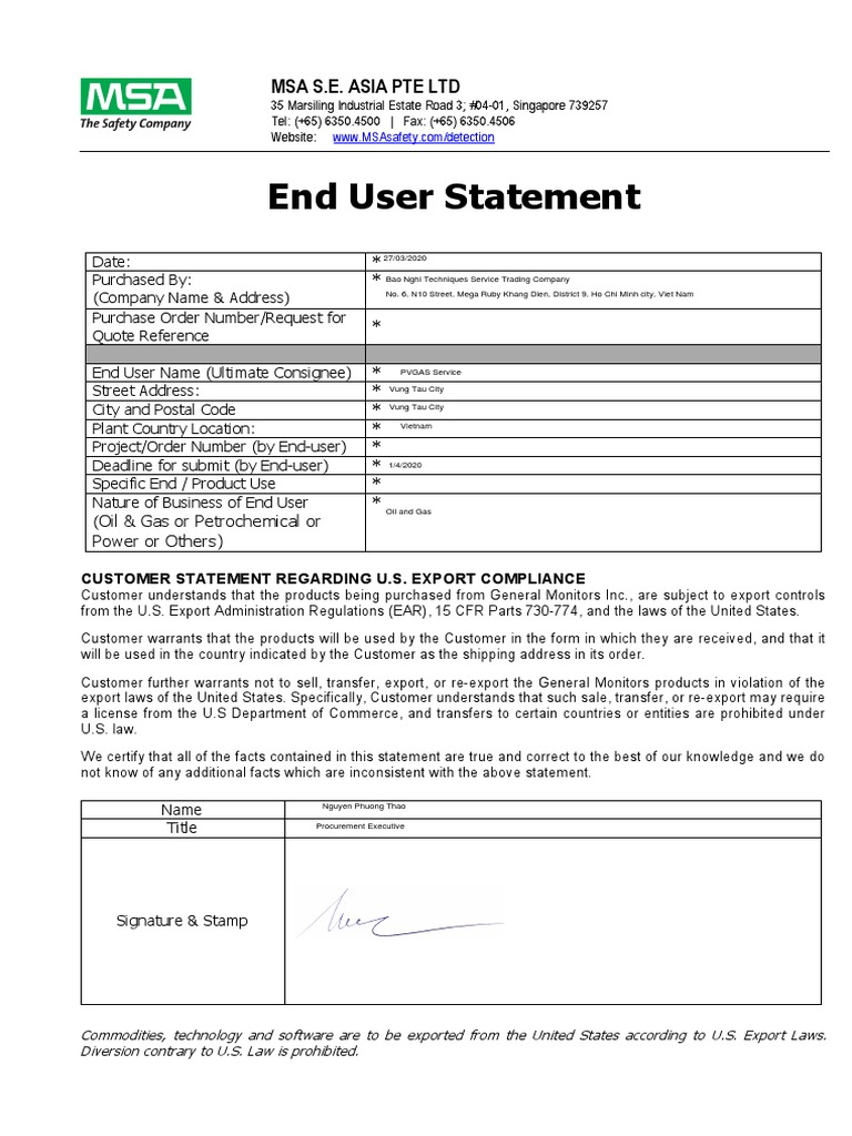 U.S. Export Compliance Statement Form | PDF