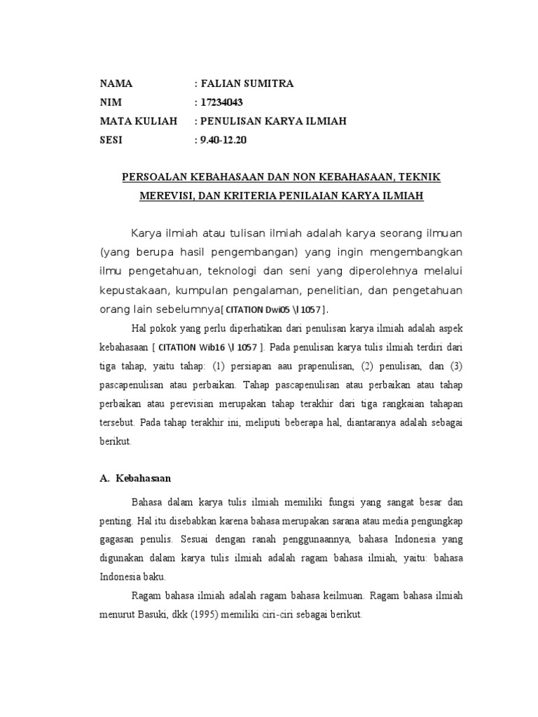 Falian Sumitra 17234043 Laporan Bacaan 6 TTG Kebahasaan, Nonkebahasaan, Serta Revisi | PDF