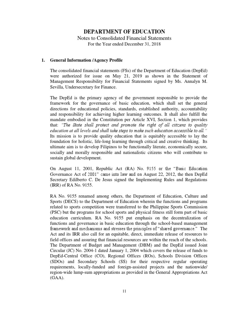 Notes To Consolidated Financial Statements: Department of Education ...