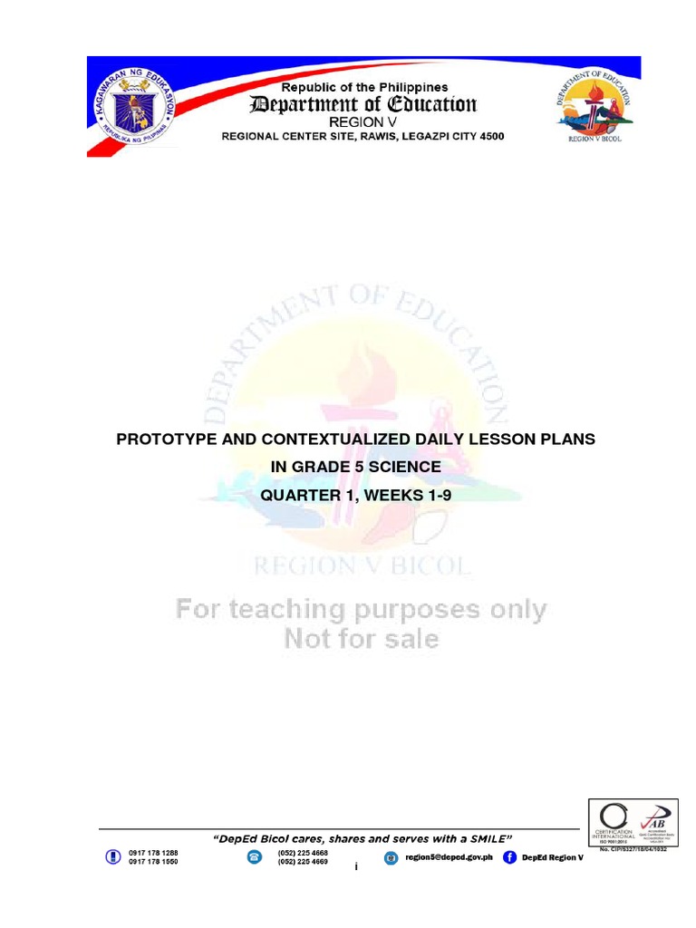 Prototype and Contextualized Daily Lesson Plans in Grade 5 Science Quarter 1, Weeks 1-9 | PDF ...