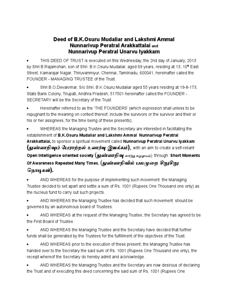 Awareness Universe Movement Trust Deed | PDF | Trust Law | Trustee