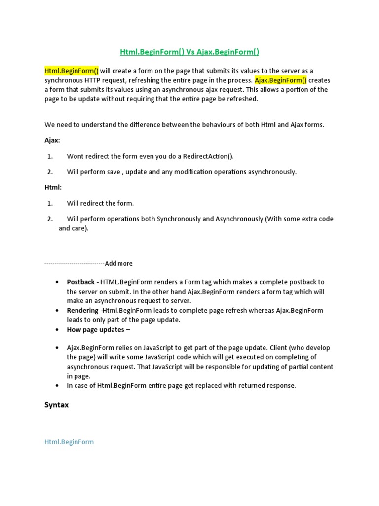 A130 Html Beginform Vs Ajax Beginform Pdf Ajax Programming Html Element
