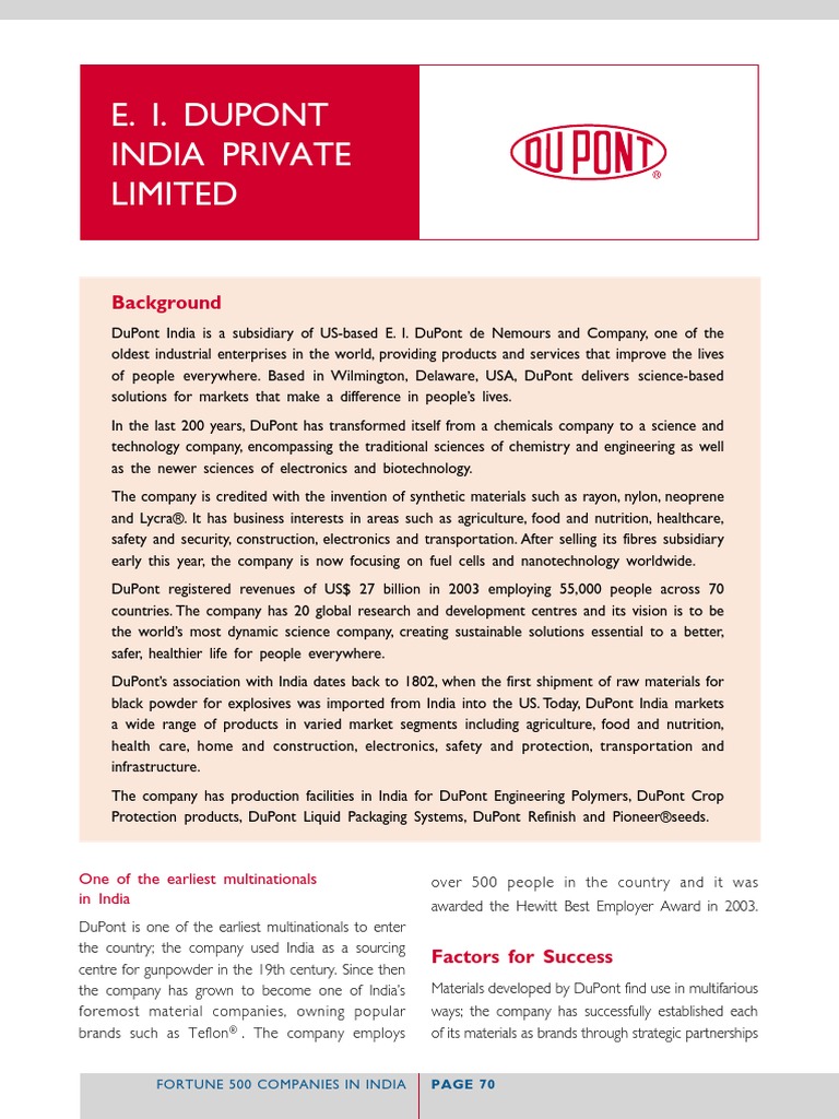 E. I. Dupont India Private Limited: Background | PDF | Du Pont ...