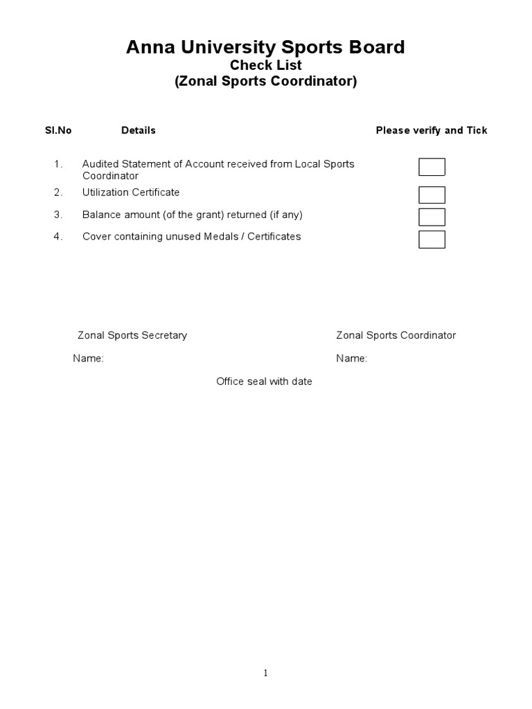 Anna University Sports Board Checklist | PDF