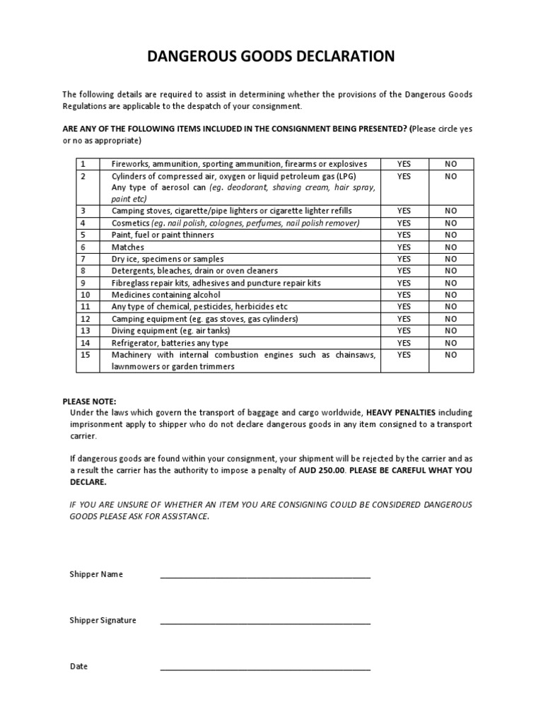 Microsoft Word - Dangerous Goods Declaration PDF | PDF | Liquefied ...