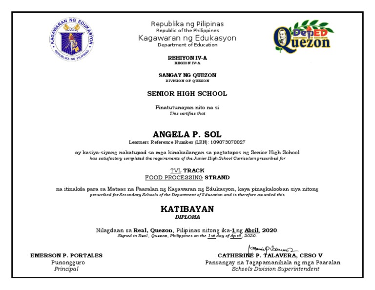 SHS Diploma Certification Sample | PDF
