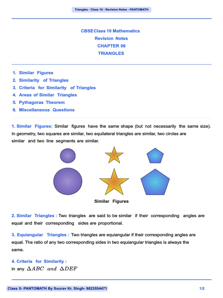 CBSE Class X Maths Chap 6 - Triangles - Revision Notes - PANTOMATH ...
