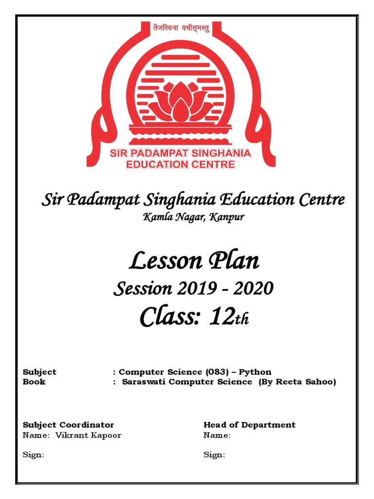 Lesson Plan Class: 12: Session 2019 - 2020 | PDF | Python (Programming ...