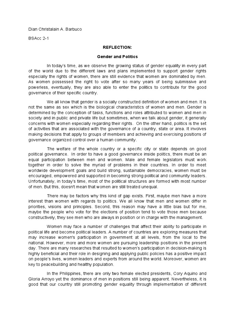 Reflection: Gender and Politics | PDF | Gender | Gender Studies