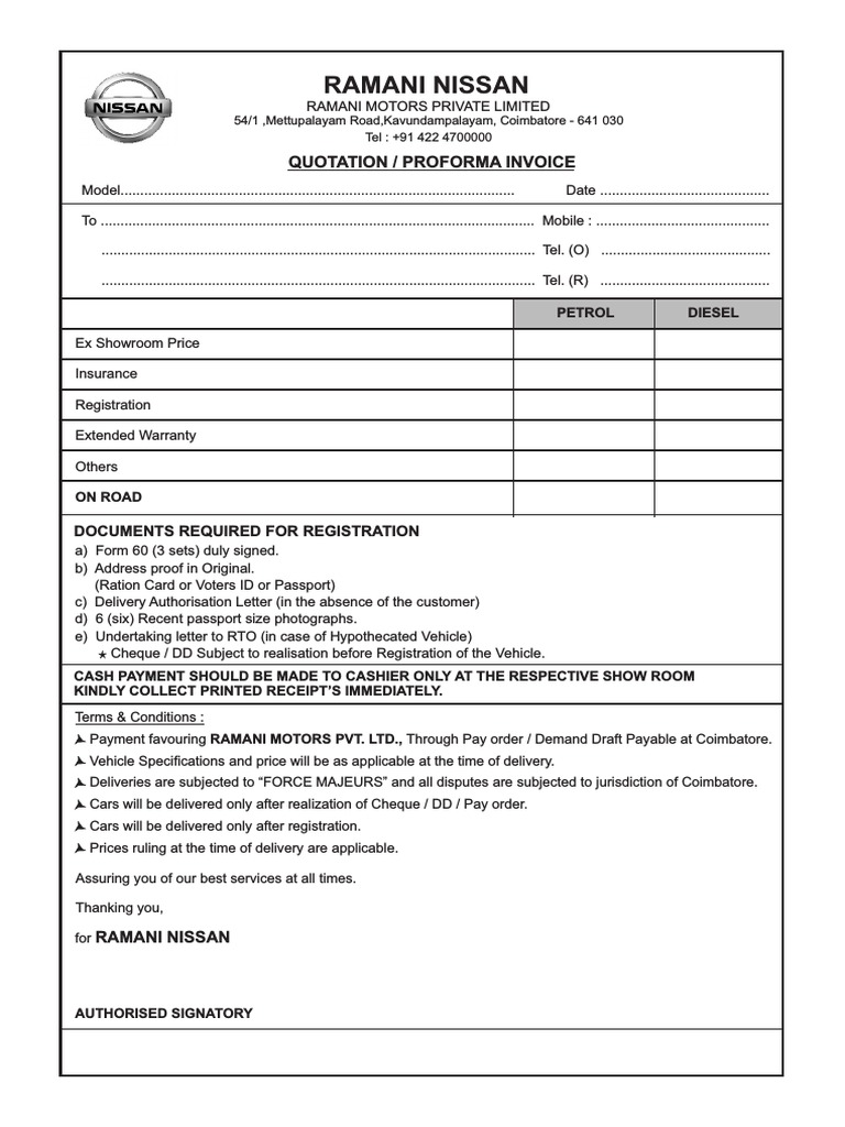 Ramani Nissan: Quotation / Proforma Invoice | PDF