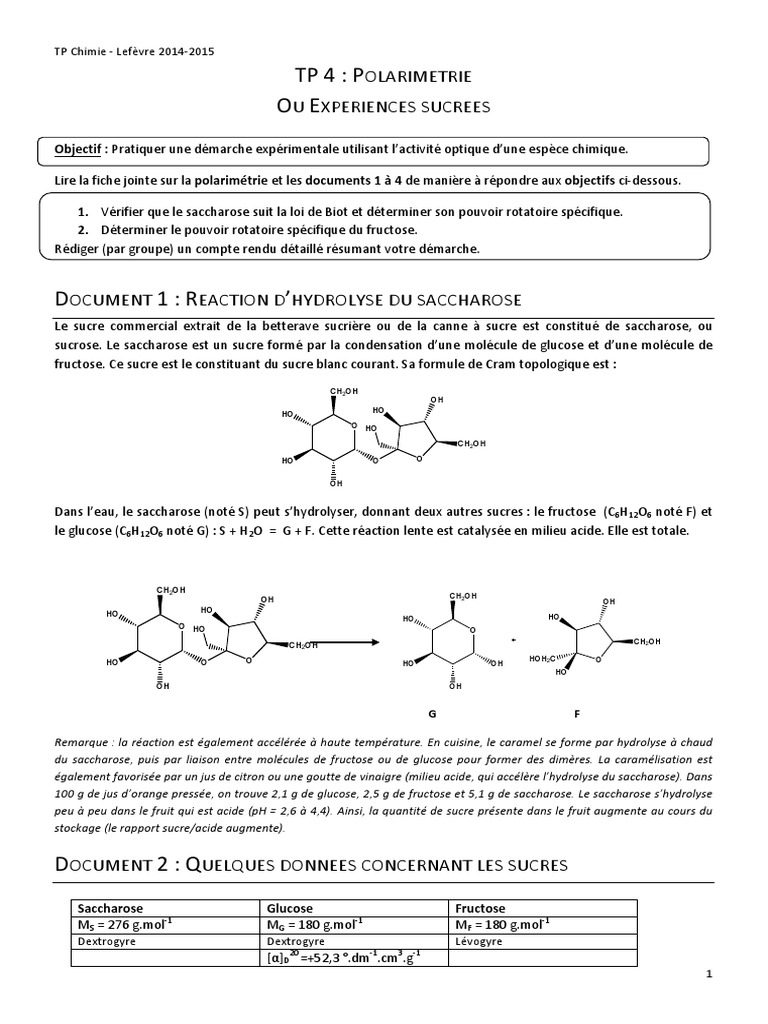 Polarimétrie du saccharose et hydrolyse | PDF | Saccharose | Sucre