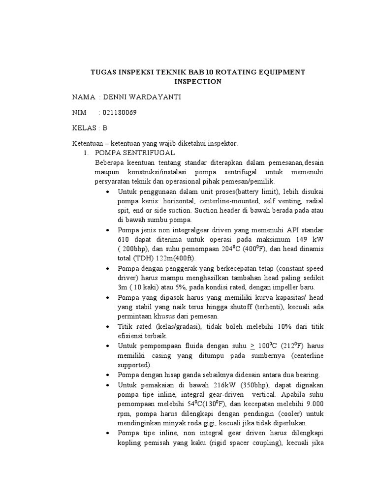 Tugas Inspeksi Teknik Bab 10 Rotating Equipment Inspection | PDF